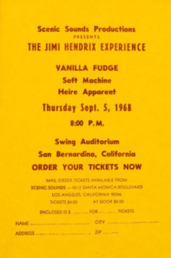 Jimi Hendrix Experience Swing Auditorium Ticket Order Form 1968 Value ...