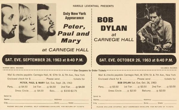 Peter Paul & Mary and Bob Dylan Carnegie Chapter Hall Postcard 1963 ...